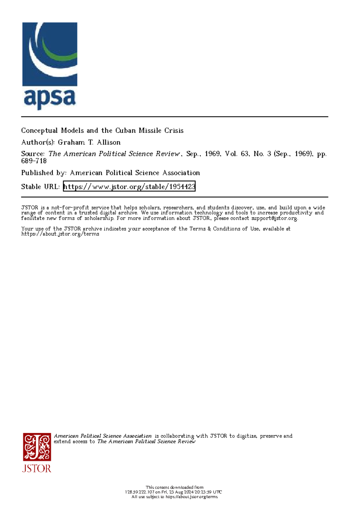 Conceptual Models in Understanding the Cuban Missile Crisis: PSRE 1969 ...