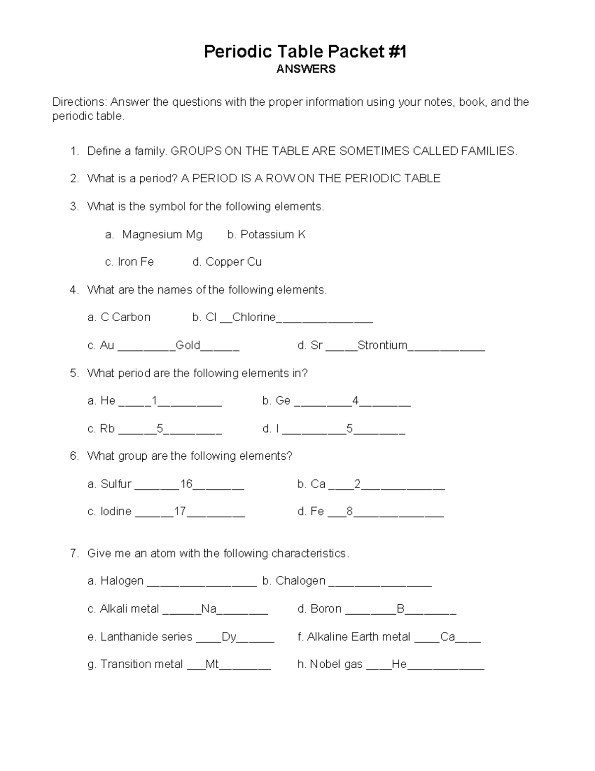 Periodic Table Packet Answers - Key Concepts and Element Details - Studocu