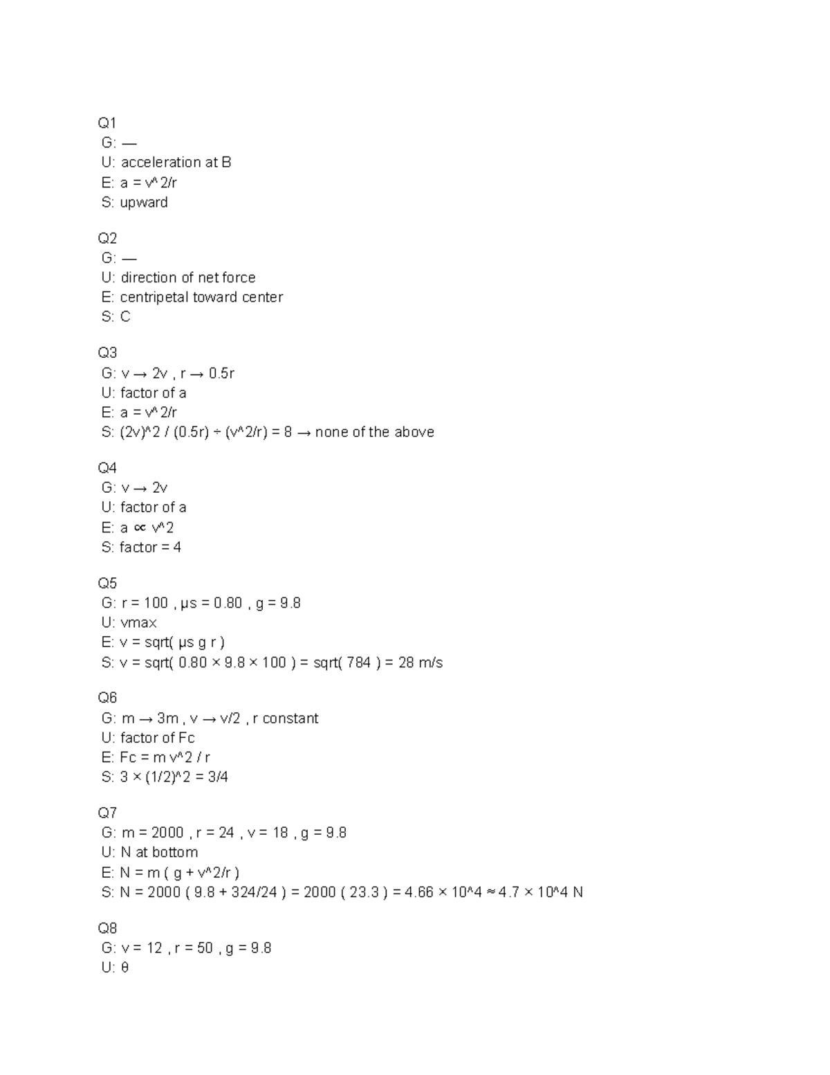 Physics Quiz: Acceleration and Centripetal Force Analysis - Studocu