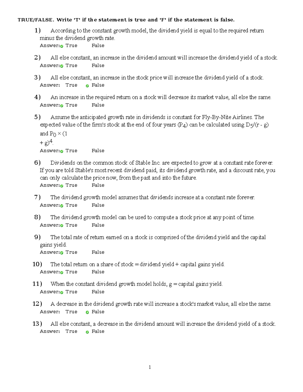 Chapter number 08 Finance Quiz Questions - TRUE/FALSE. Write 'T' if the ...