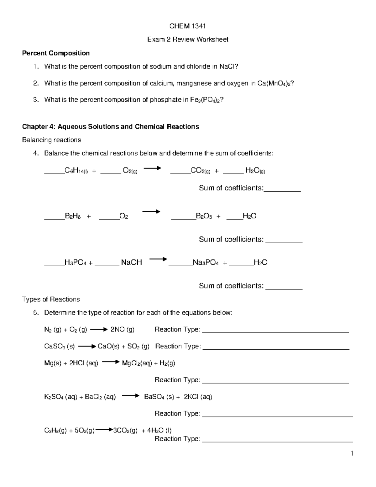 Exam 2 Review Worksheet for CHEM 1341: Aqueous Solutions & Reactions ...