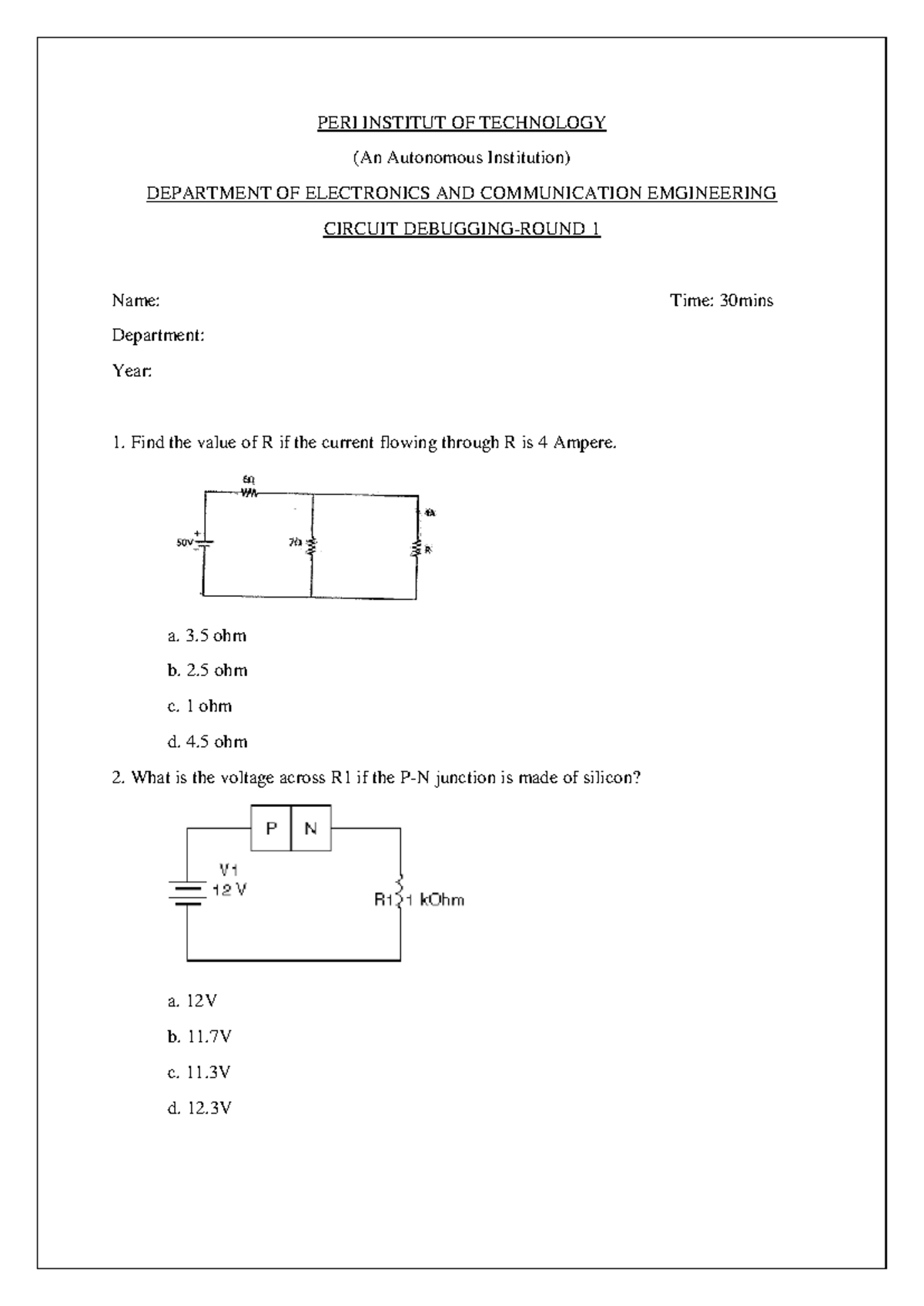 Circuit 1 Questions for Competitive Exam - ECE 30min Quiz - Studocu