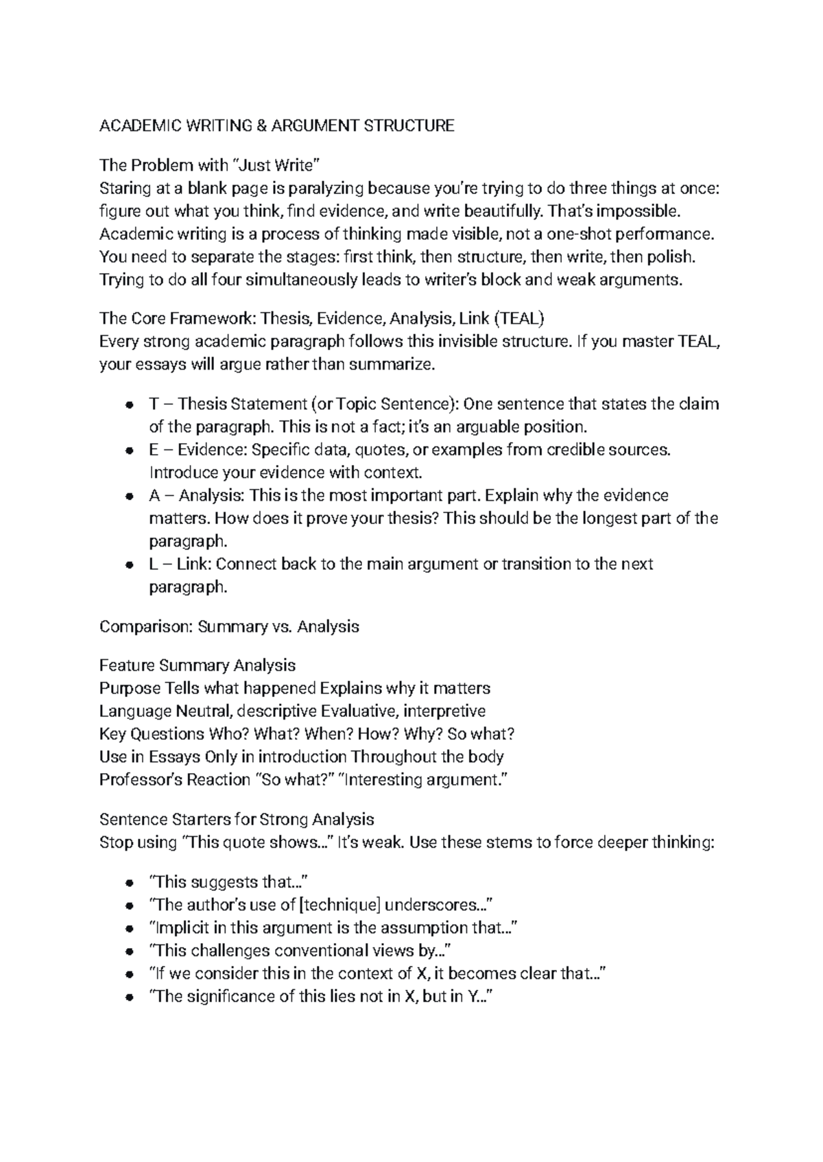 Academic Writing & Argument Structure: Mastering TEAL for Essays - Studocu