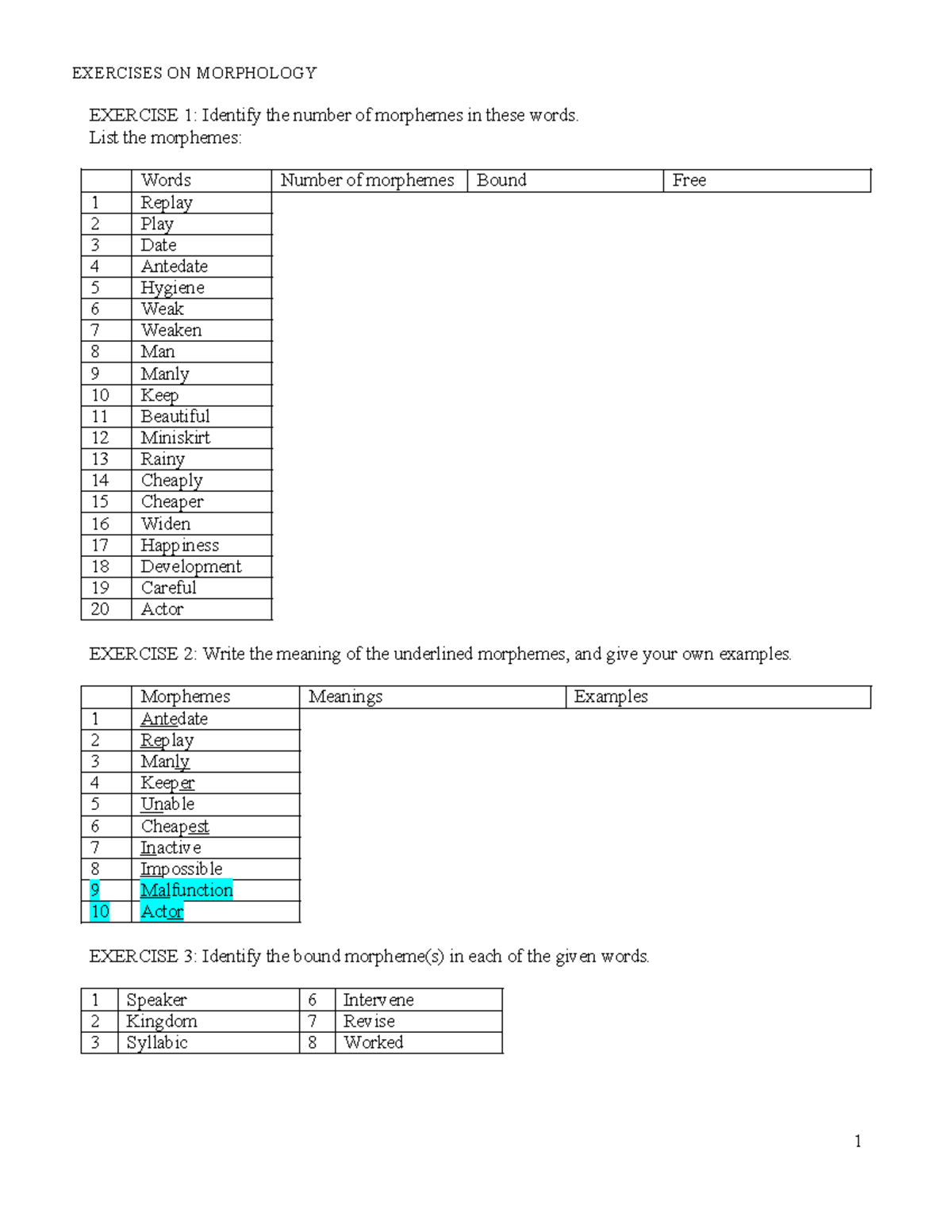 Exercises ON Morphology da chuyn di (1) - EXERCISES ON MORPHOLOGY ...