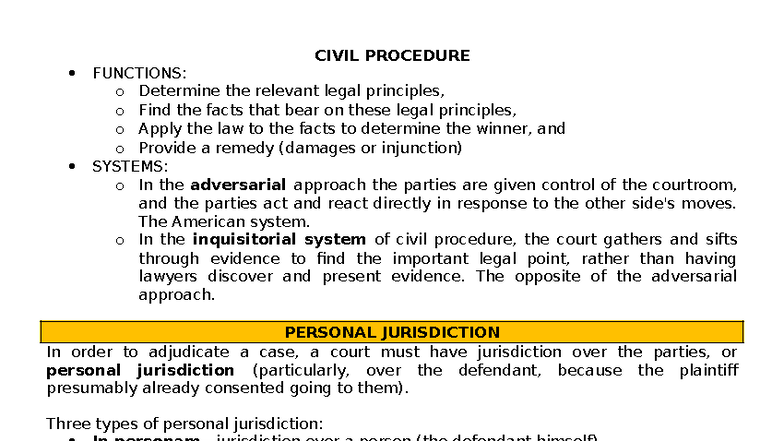 CIVIL PROCEDURE OUTLINE: Key Principles & Jurisdictional Concepts - Studocu