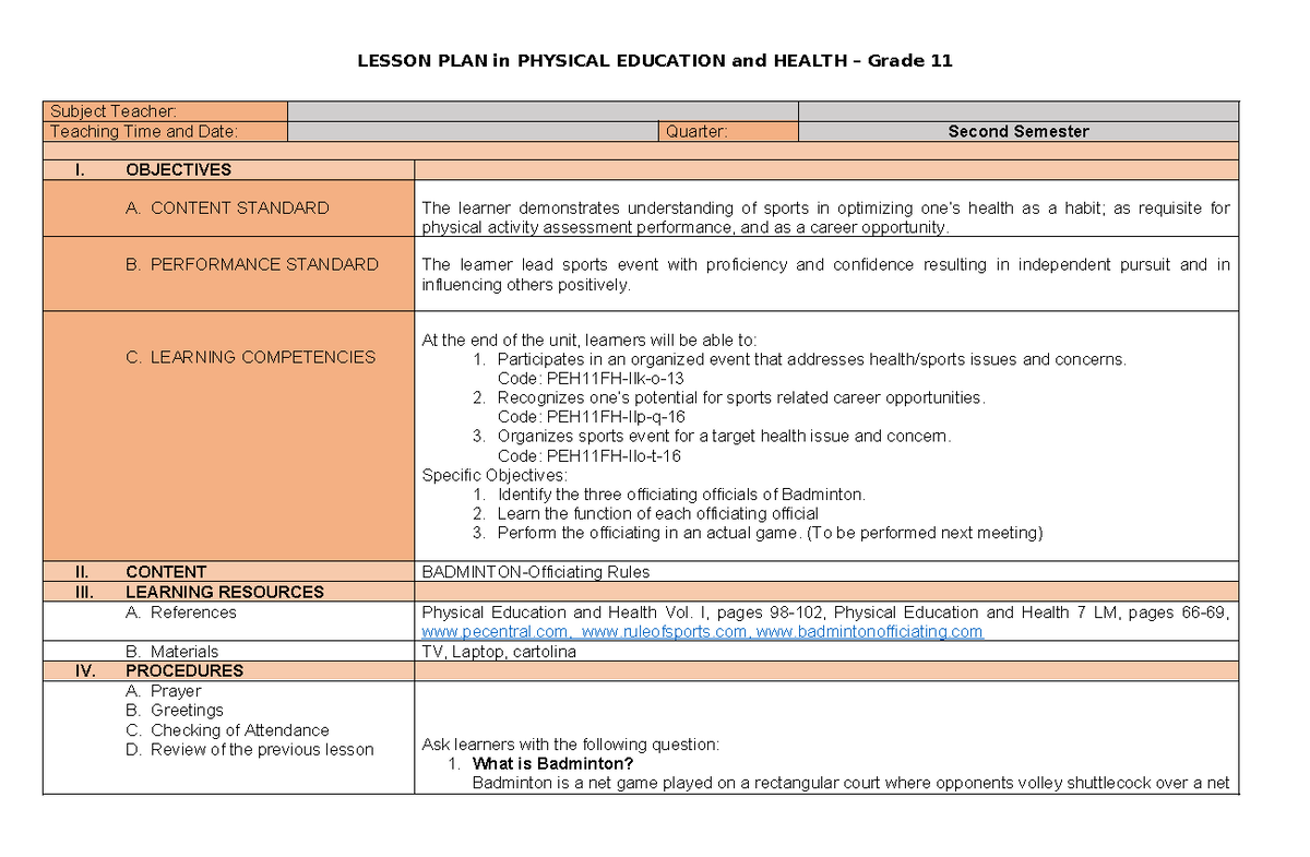 DLP PEH11 Badminton Lesson Plan for Grade 11 Physical Education - Studocu