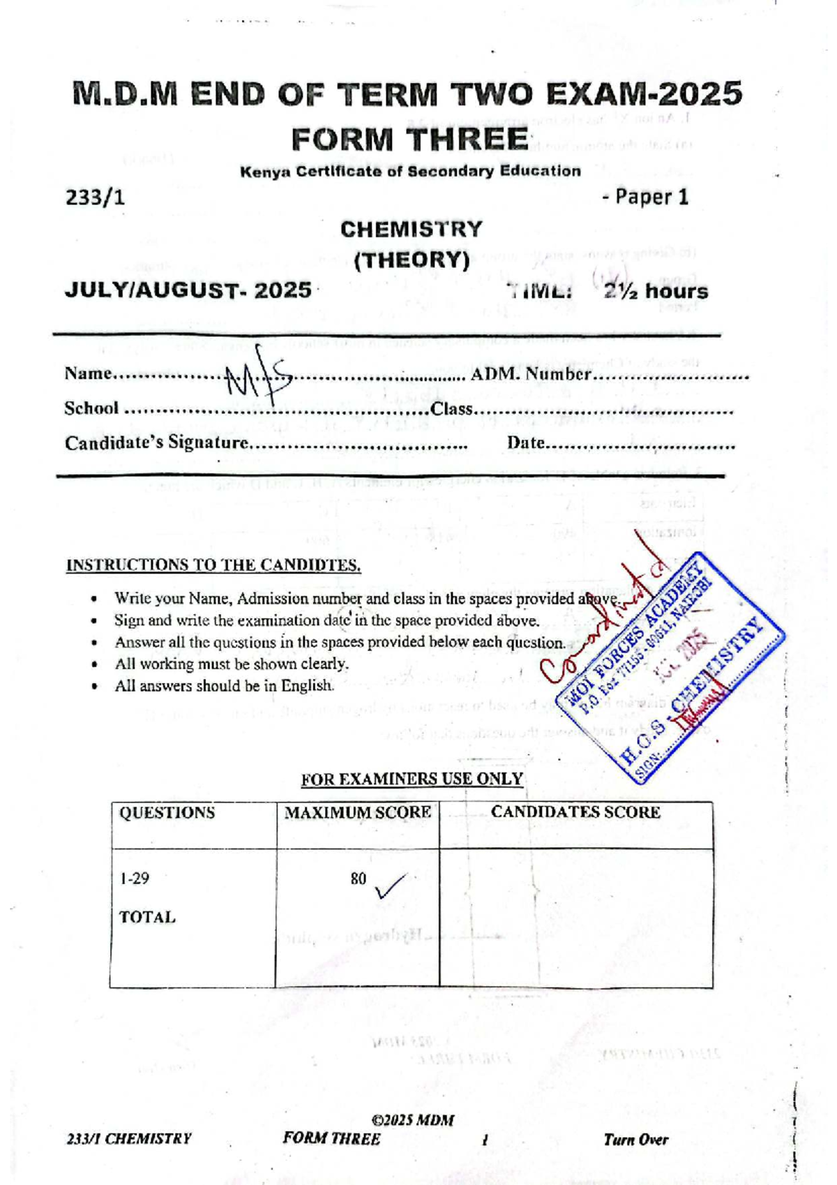 F3-Chemistry Paper 1 MDM 2025 - End of Term Two Exam Guide - Studocu