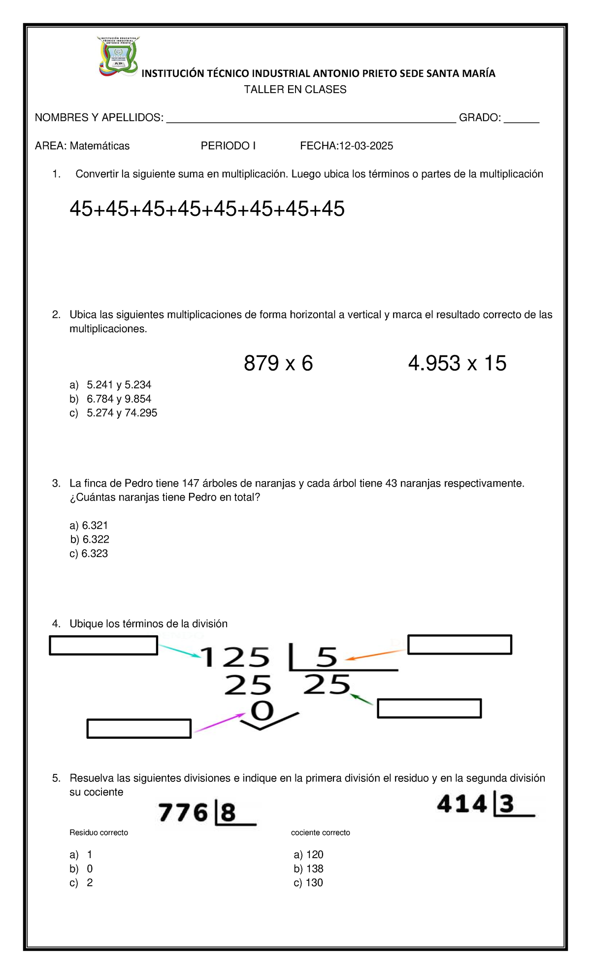 Taller de Matemáticas 1: Multiplicaciones y Divisiones - 4° Grado - Studocu