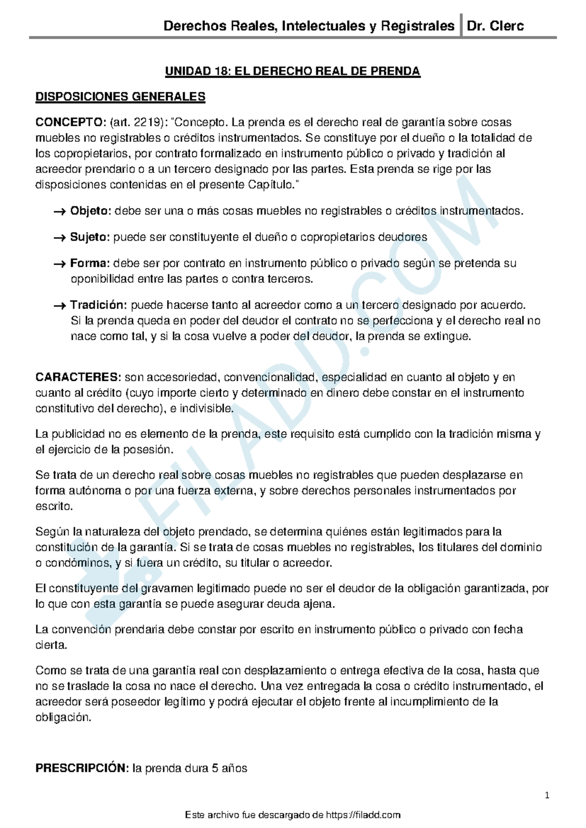 Unidad 18: Derecho Real de Prenda - Disposiciones Generales y ...