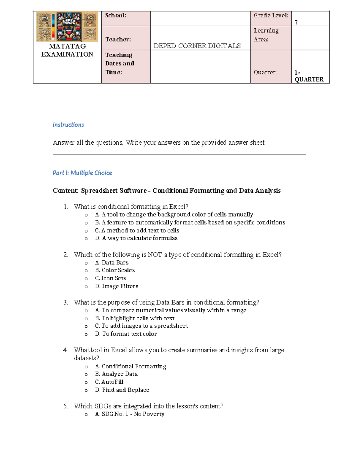 TLE - Conditional Formatting & Data Analysis Exam Review for Grade 7 - Studocu