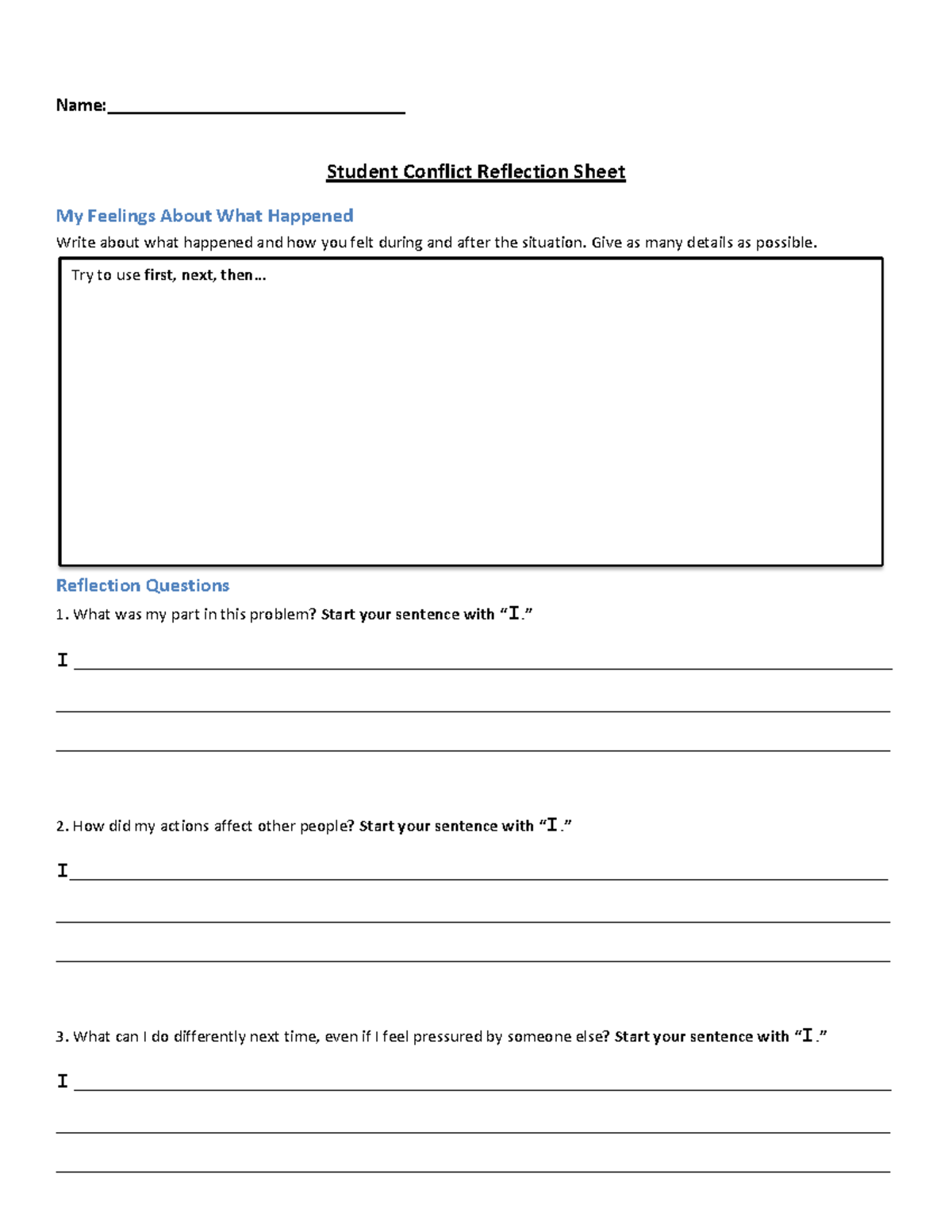 Student Conflict Reflection Sheet: My Feelings & Insights - Studocu