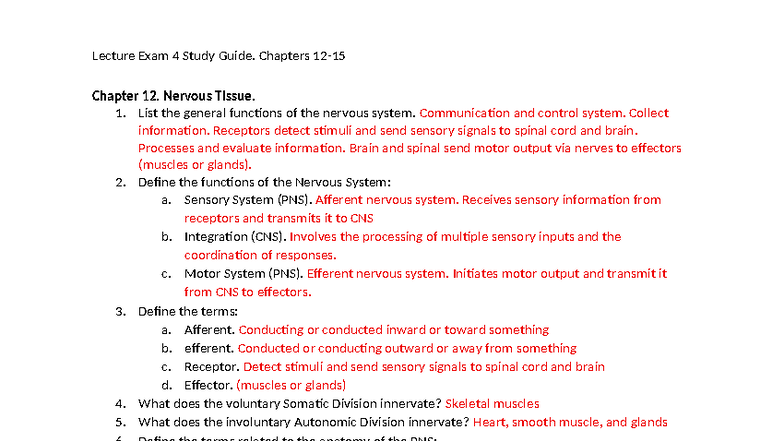 Lecture Exam 4 Study Guide: Nervous System & Brain Functions (Ch. 12-15 ...