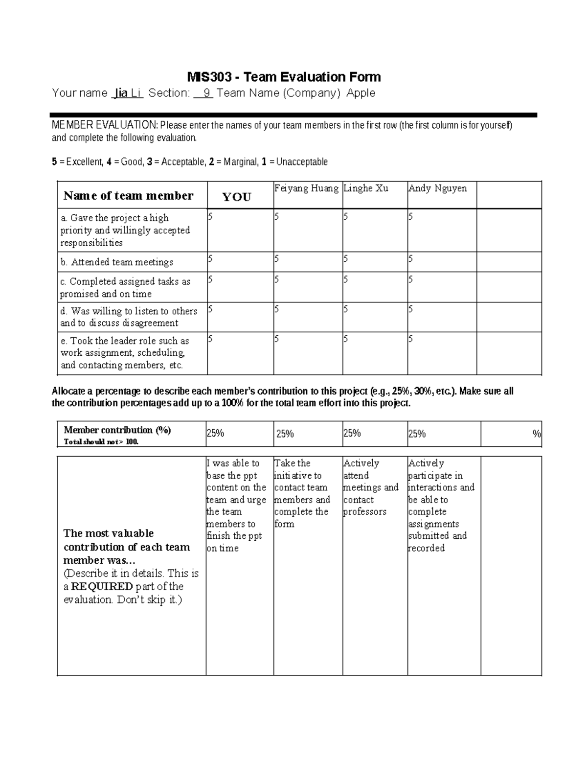 MIS303 Team Evaluation Form - Team Apple Assessment - Studocu