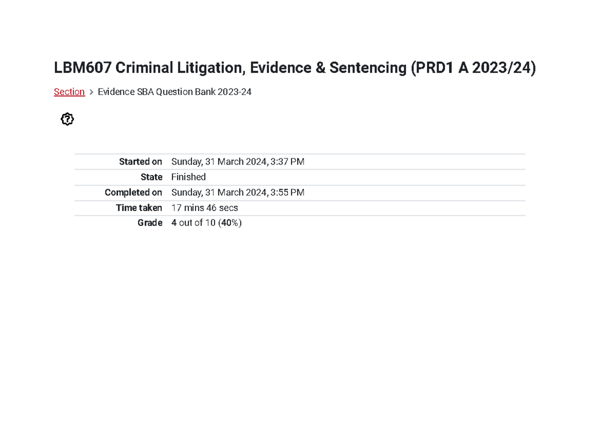 LBM607 Criminal Litigation: Evidence SBA Question Bank & Analysis - Studocu