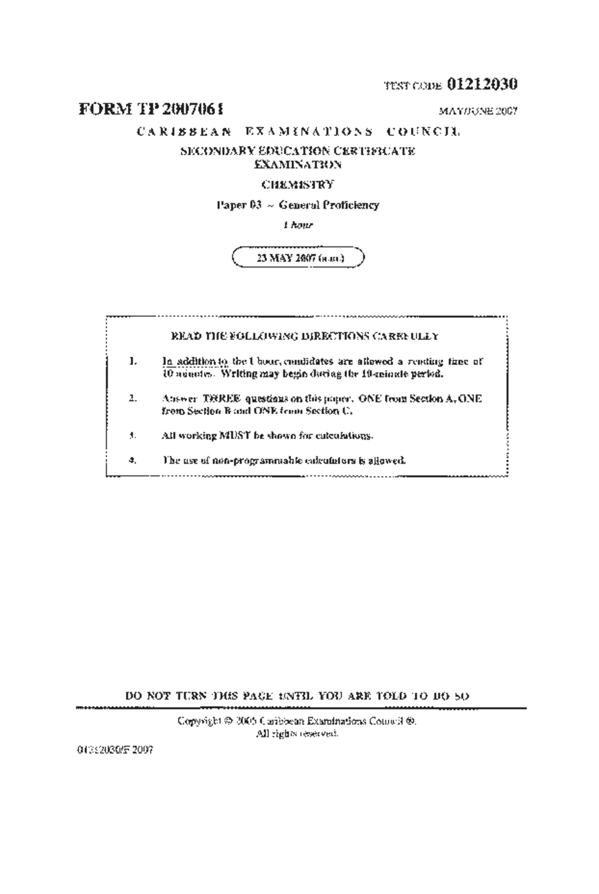 CSEC Chemistry Paper 3 2007 Exam Questions and Answers - Studocu
