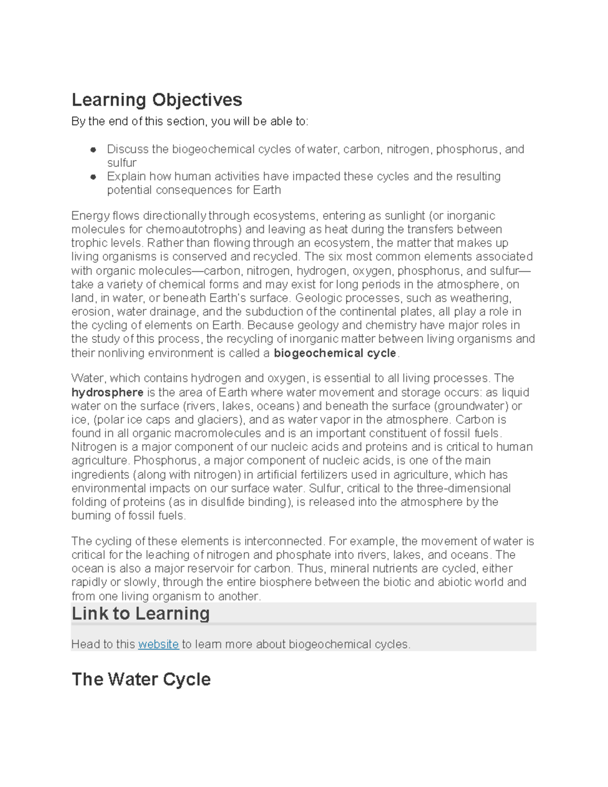 Biogeochemical Cycles in Earth: Water, Carbon, Nitrogen, Phosphorus ...