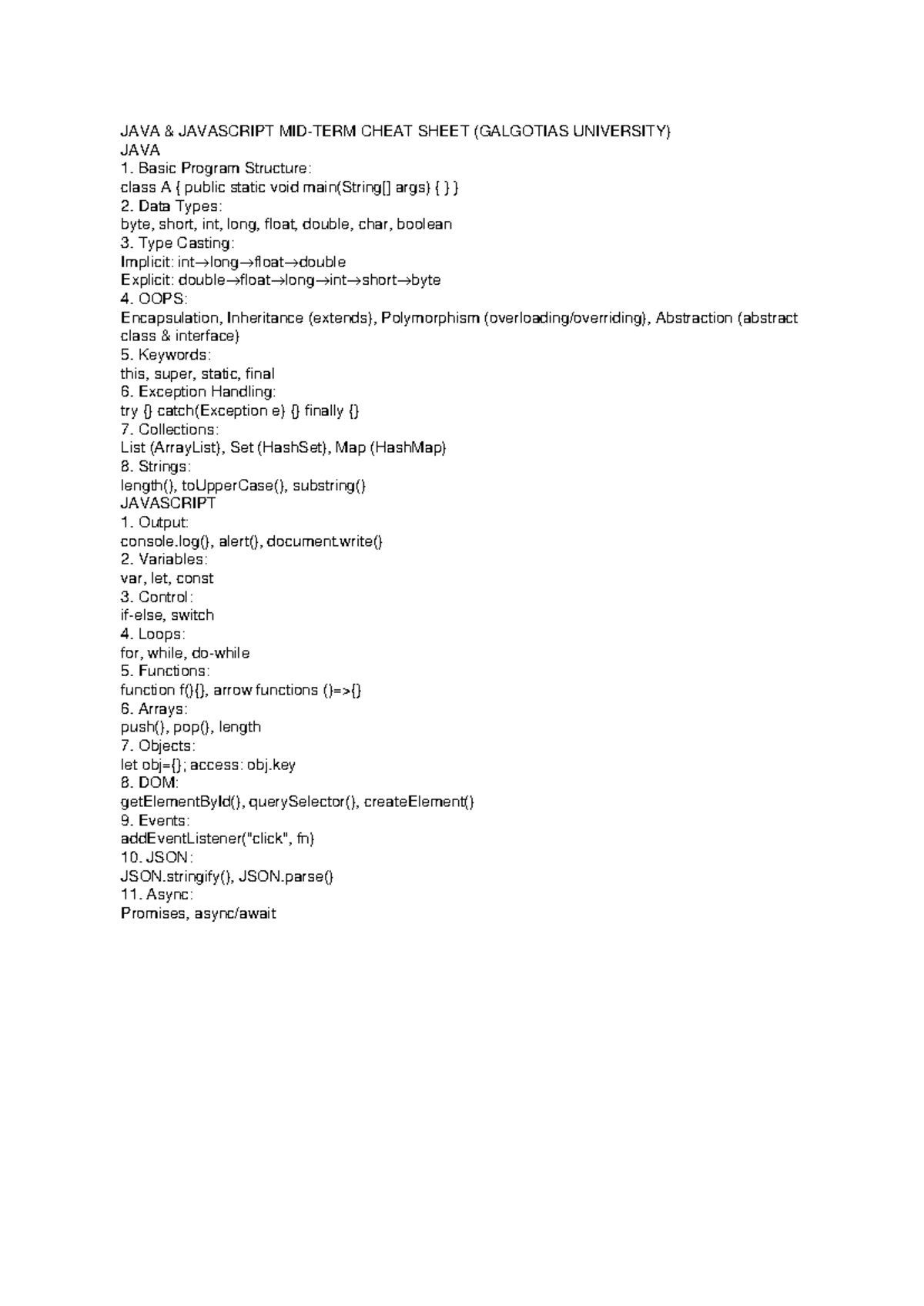JAVA & JAVASCRIPT CHEAT SHEET (GALGOTIAS UNIVERSITY) - Studocu