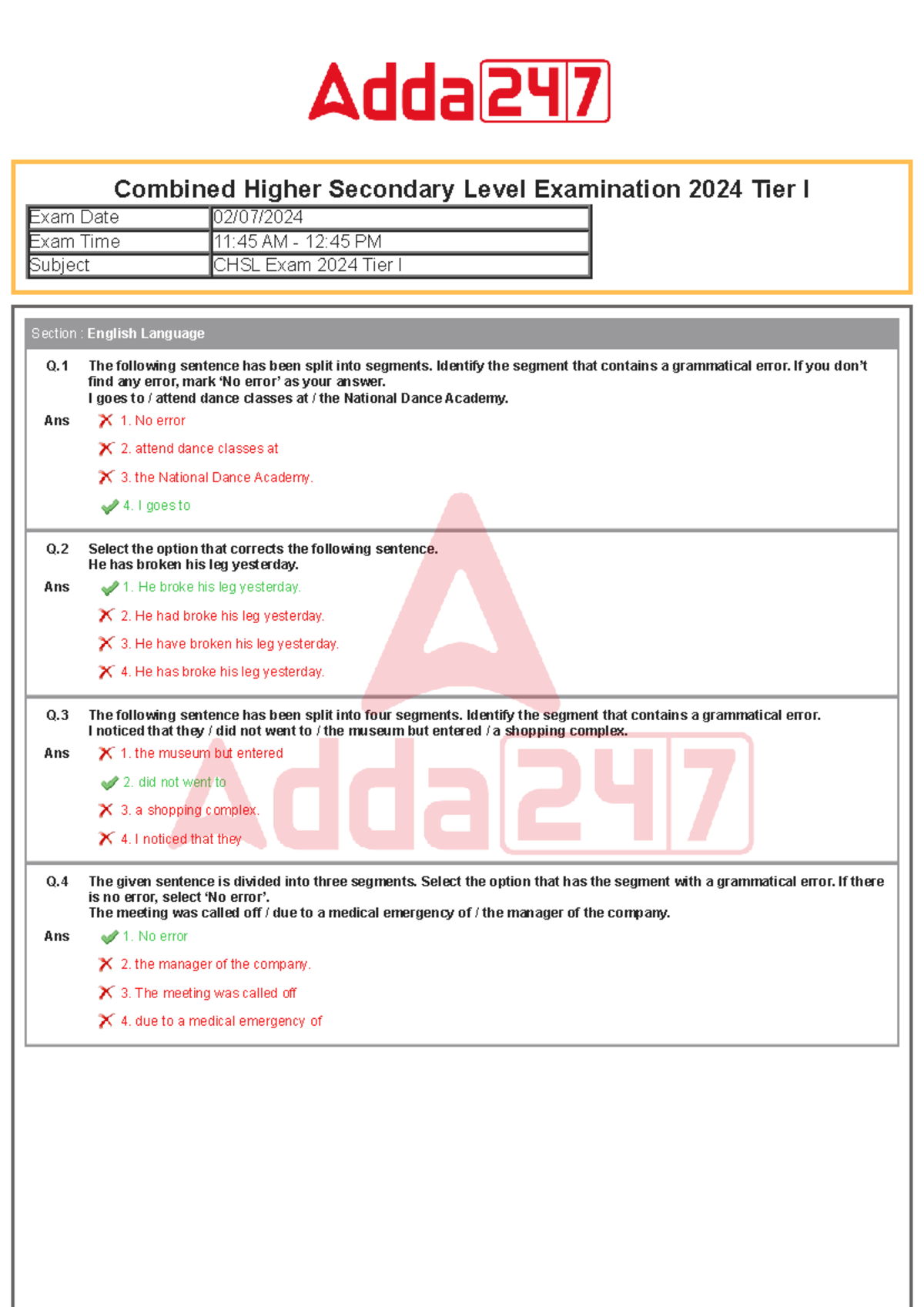 SSC CHSL Tier I Question Paper - 2 July 2024, Shift 2 - Studocu