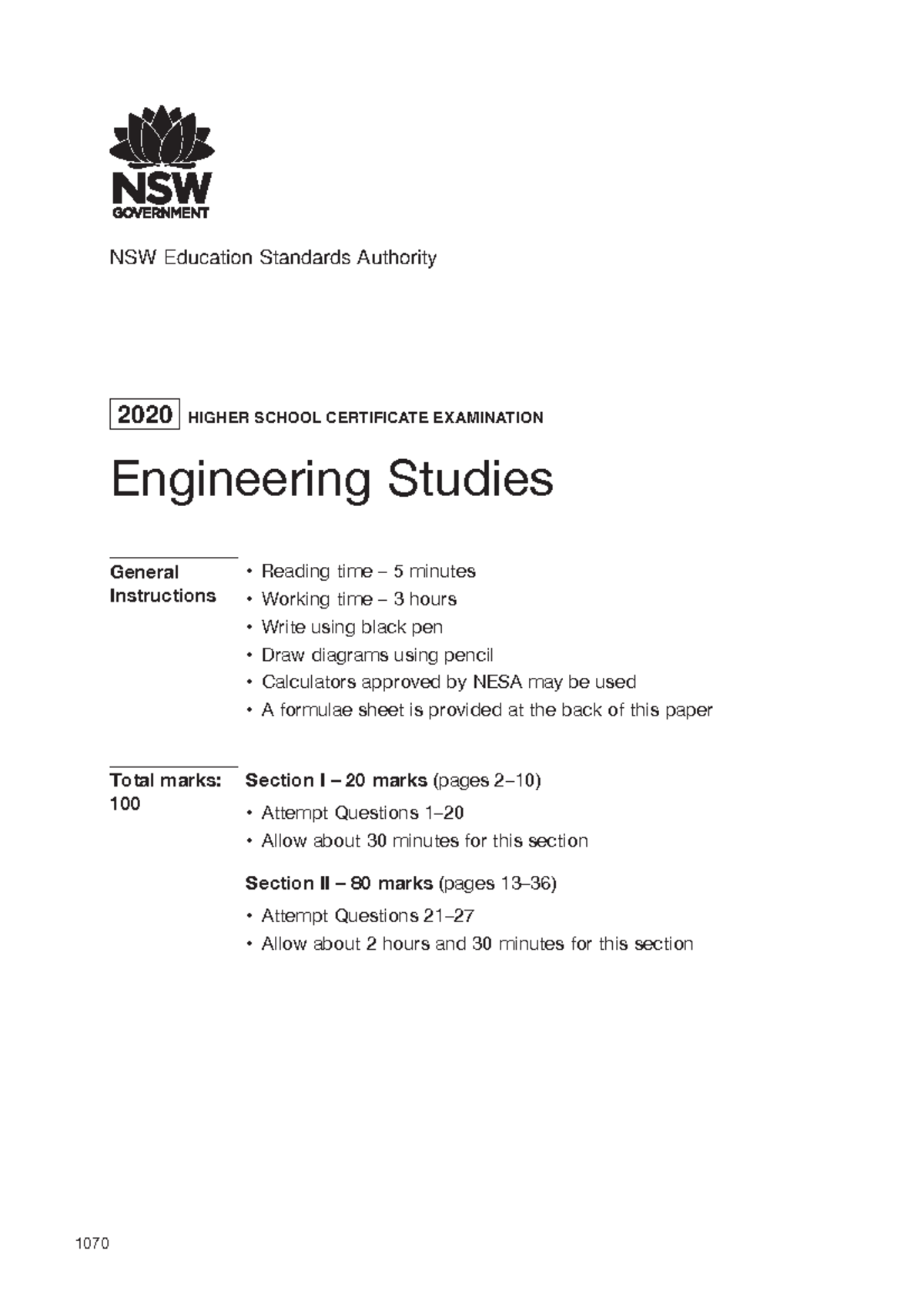 2020 HSC Engineering Studies Examination Paper and Solutions - Studocu