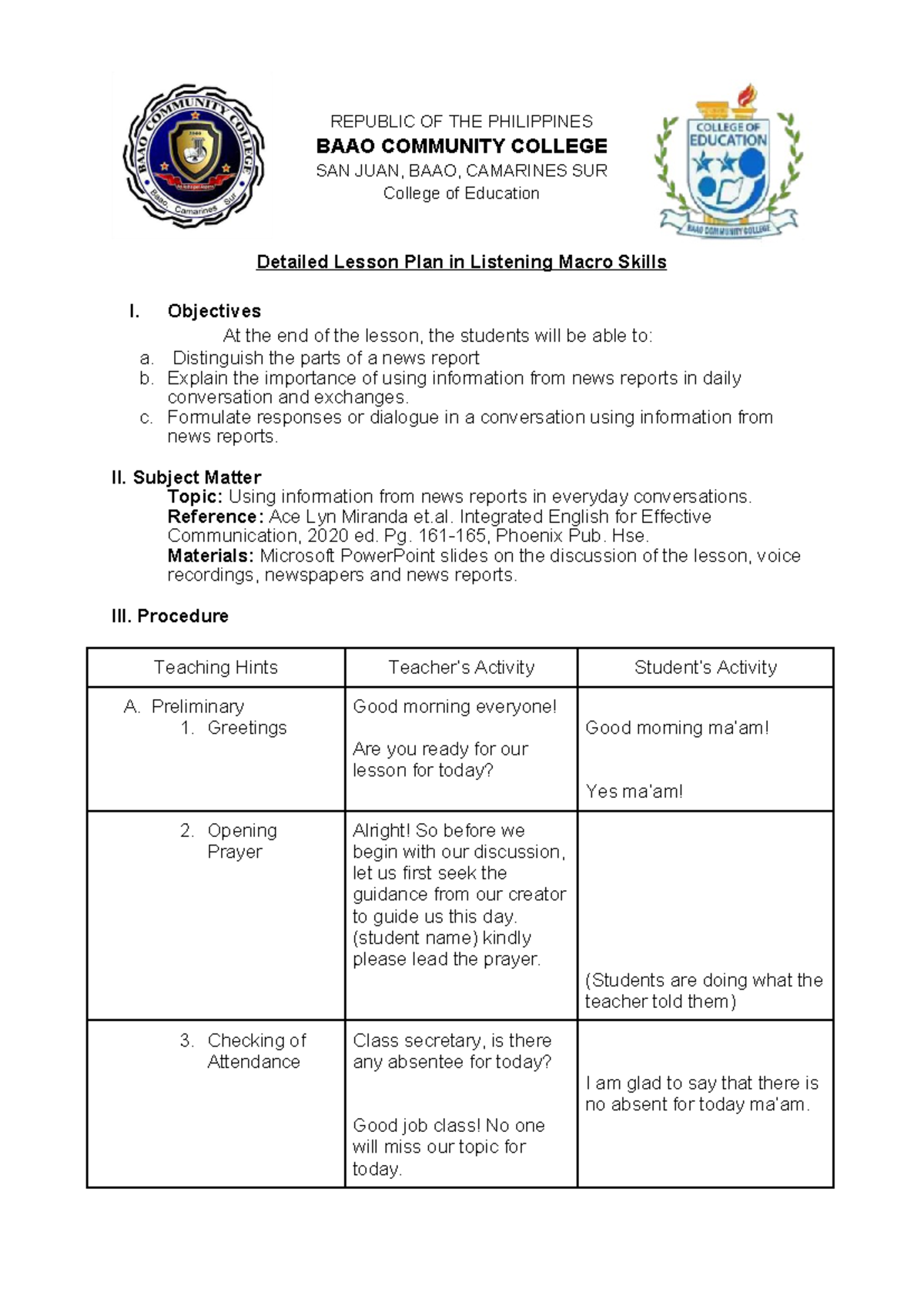 DLP: Listening Macro Skills Lesson Plan for Education Students - Studocu