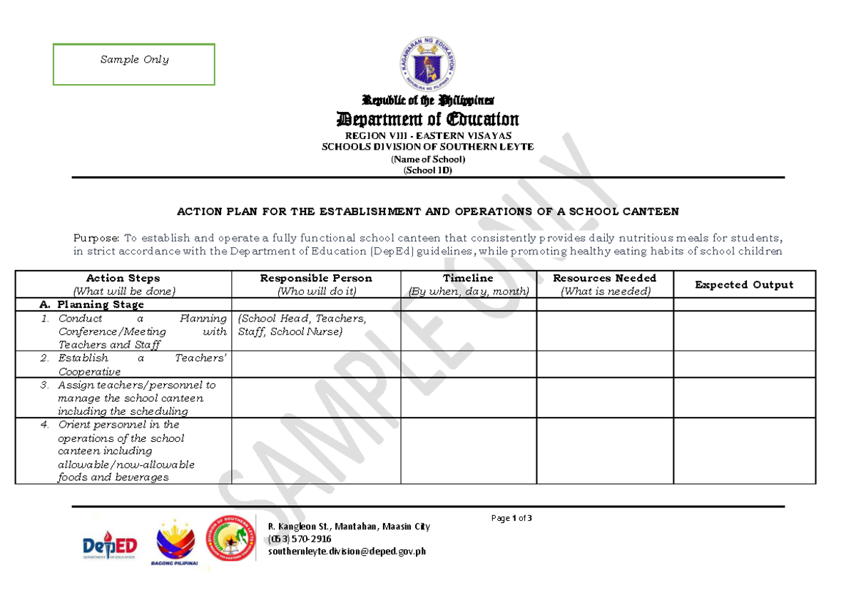 Action Plan for Establishing a School Canteen (DepEd) - Studocu