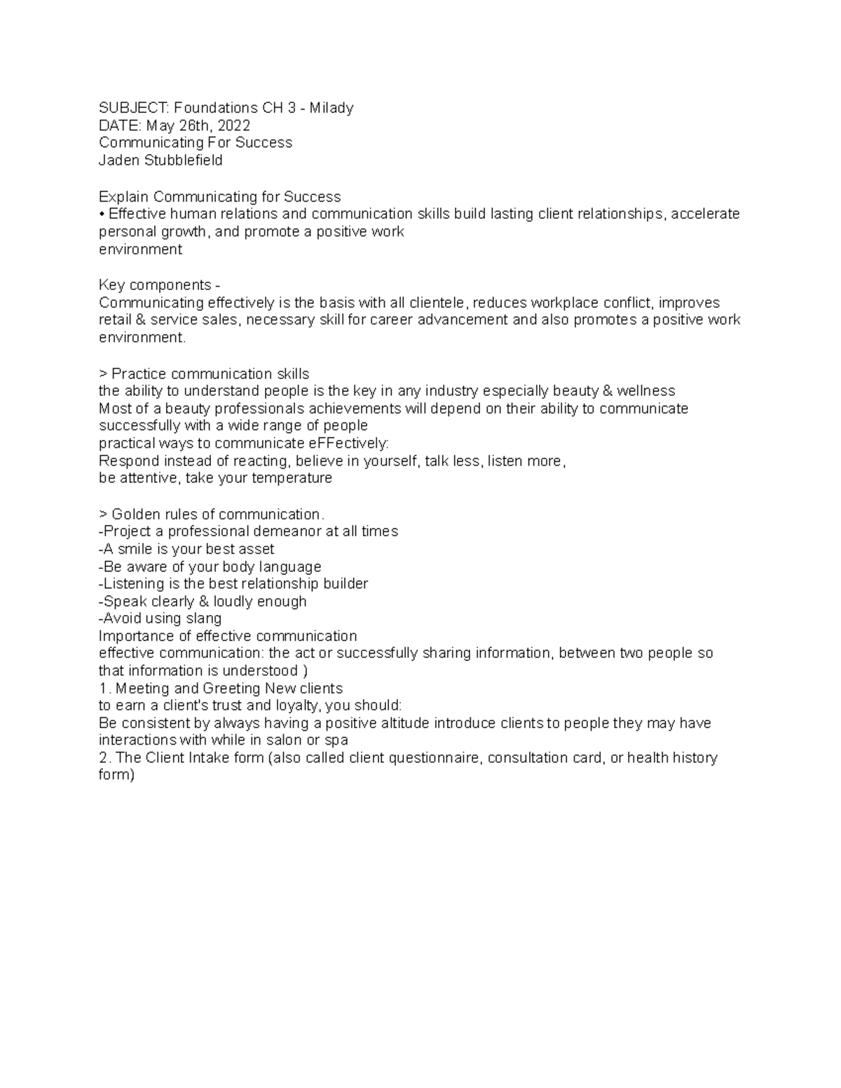 Foundations CH 3 - Communicating for Success in Beauty & Wellness - Studocu