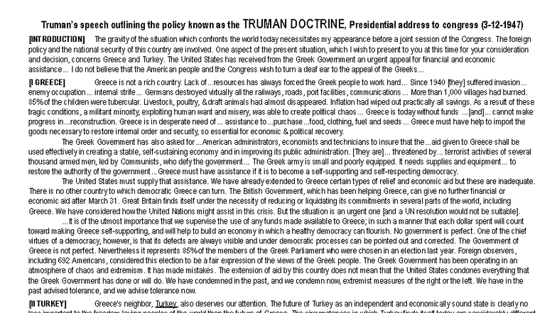 APUSH: Truman Doctrine Speech Analysis & Discussion Questions - Studocu