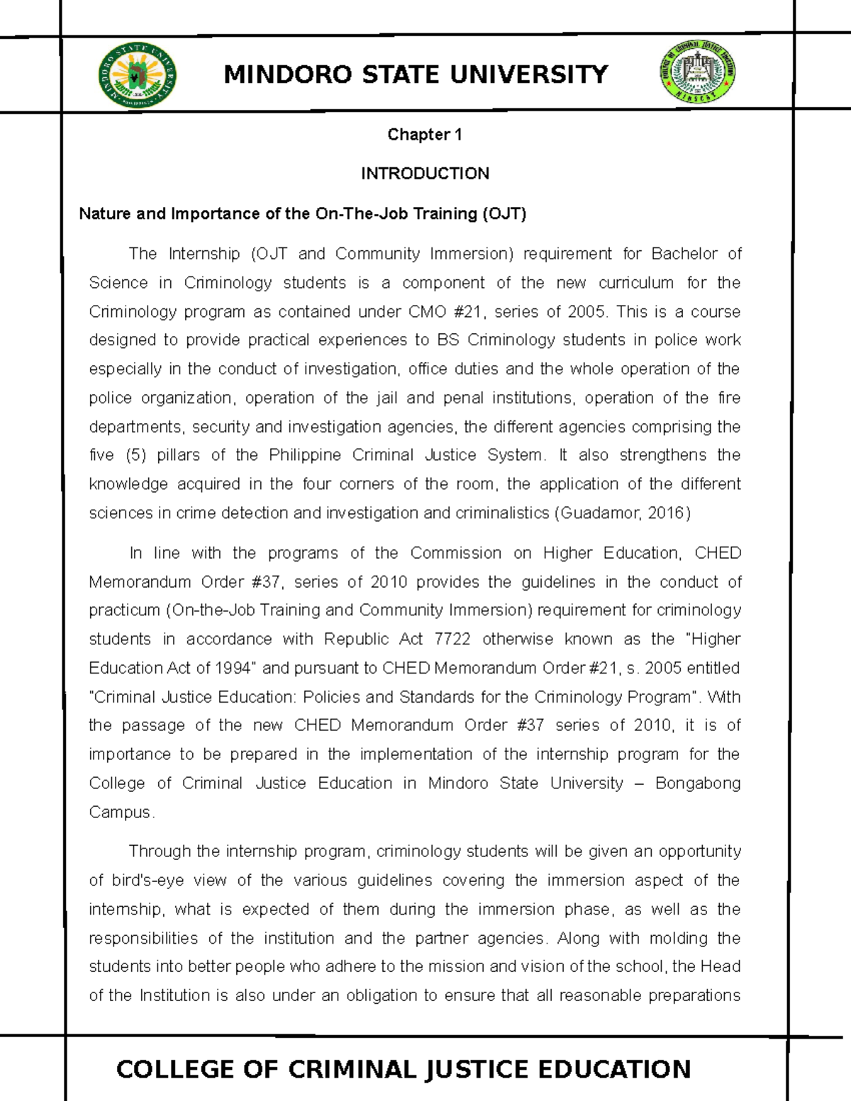 Final Narrative Report on OJT for BSc Criminology Students (CMO #21 ...