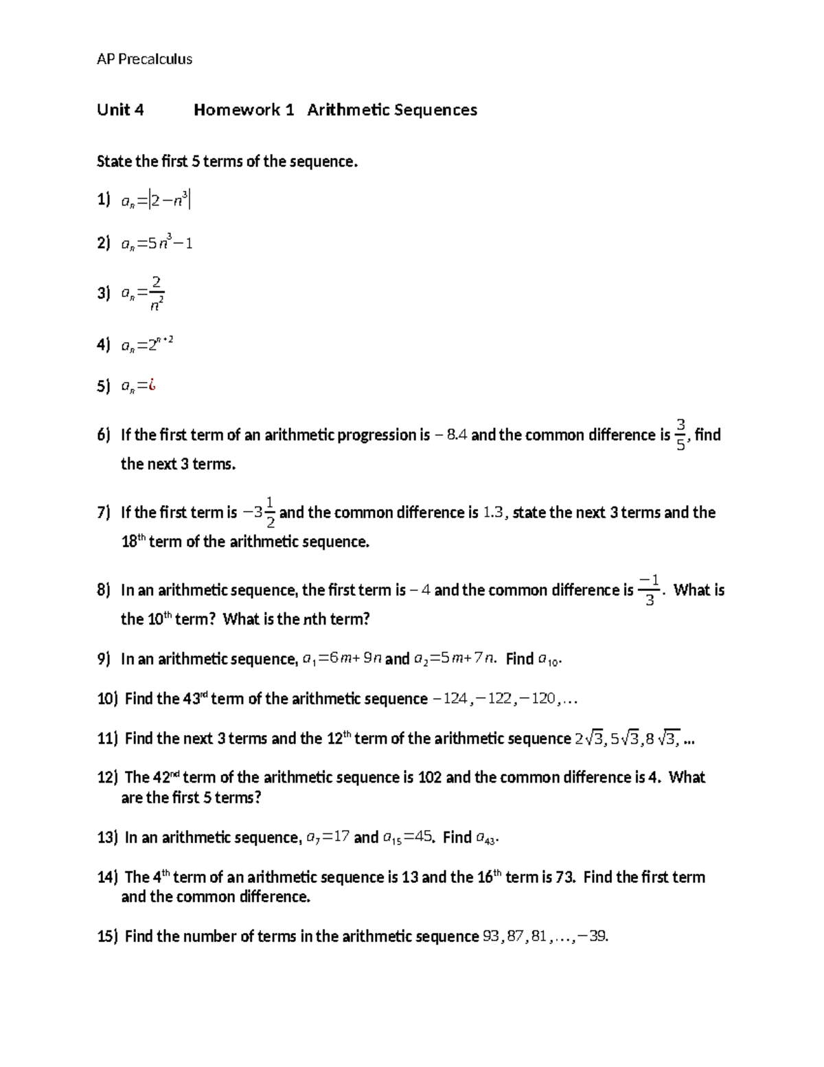AP Precalculus U4 HW1: Exploring Arithmetic Sequences - Studocu