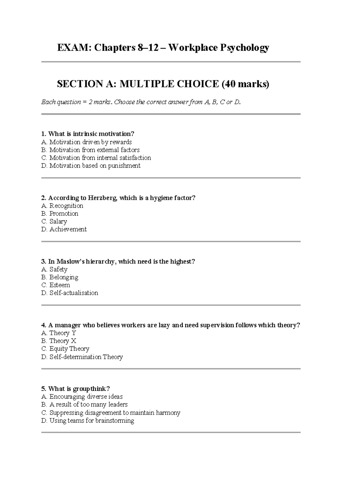 EXAM: Workplace Psychology Practice Questions (Chapters 8-12) - Studocu