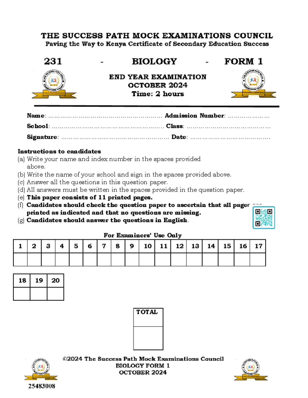 Biology FORM 1 QS - revision - Name