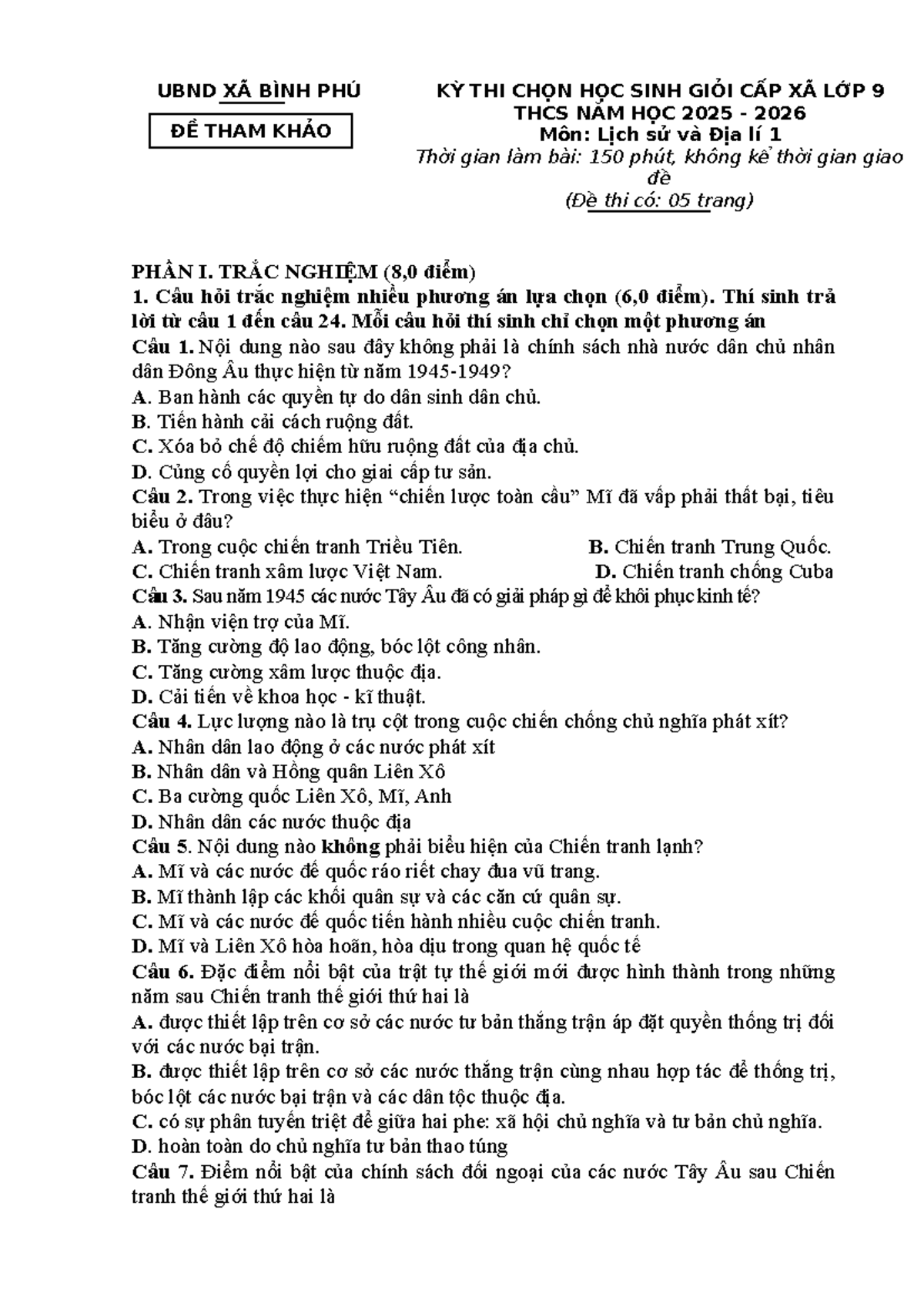 Đề Thi Thử Cấp Xã Lớp 9 THCS Năm Học 2025-2026: Lịch Sử & Địa Lí - Studocu