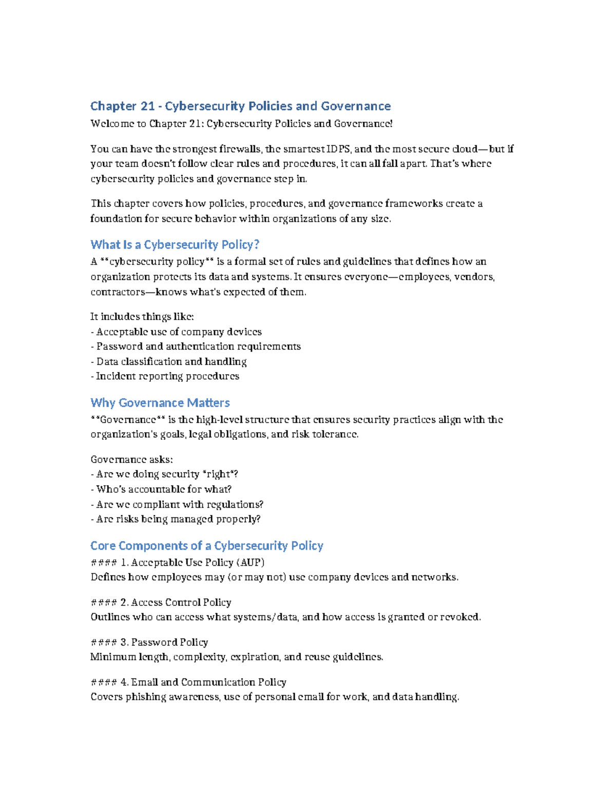 Chapter 21: Cybersecurity Policies & Governance Overview - Studocu