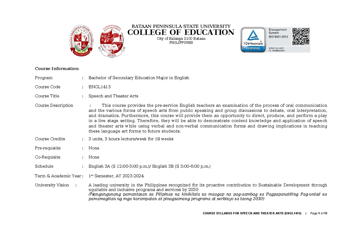 Speech and Theater Arts Syllabus (ENGL1413) for English 3 - Studocu