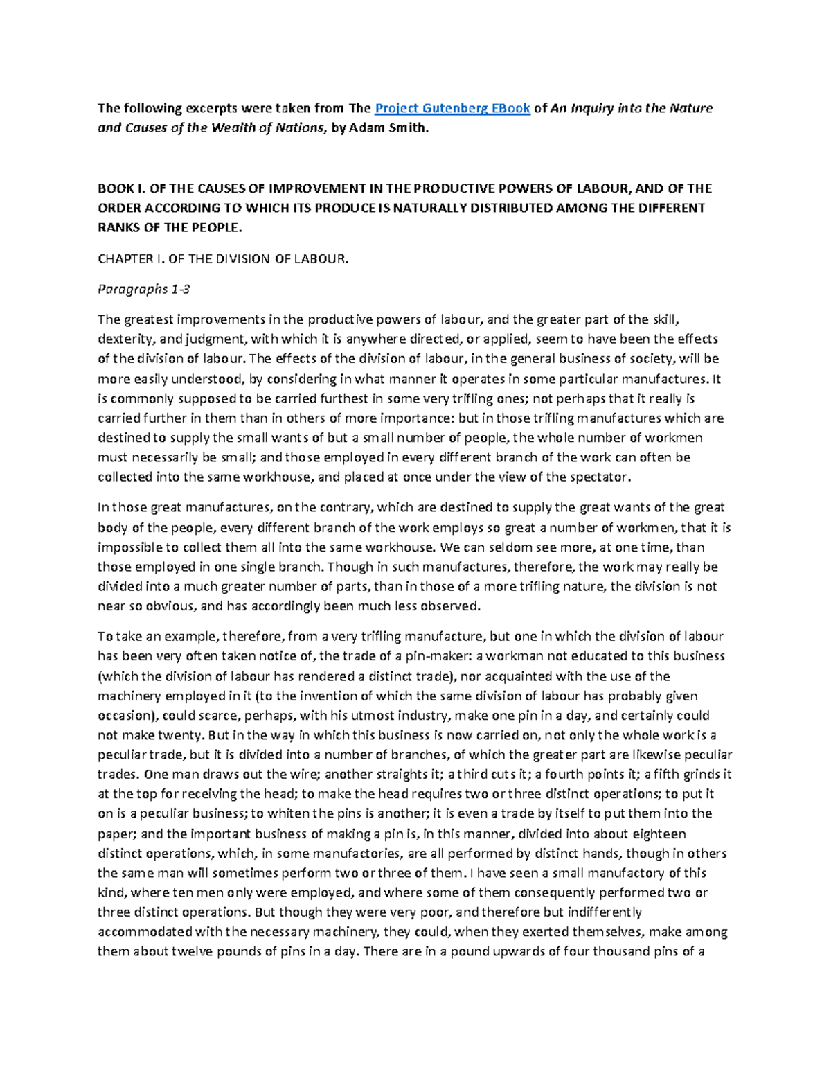 Adam Smith - Summary The Wealth of Nations - The following excerpts ...