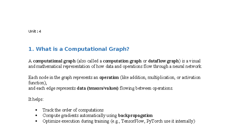 Unit 4: Deep Learning Overview - Computational Graphs & RNNs - Studocu