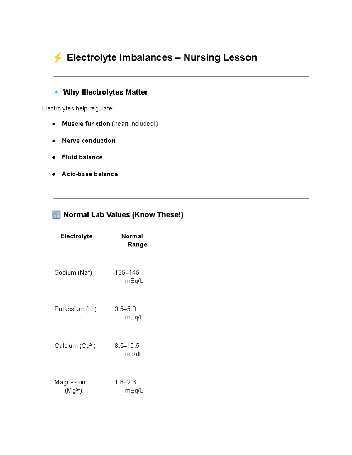 Electrolyte Imbalances in Nursing: Key Concepts & Care Strategies - Studocu