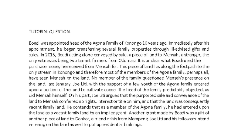 Tutorial Q. Land Law - Questions on land law - TUTORIAL QUESTION. Boadi ...