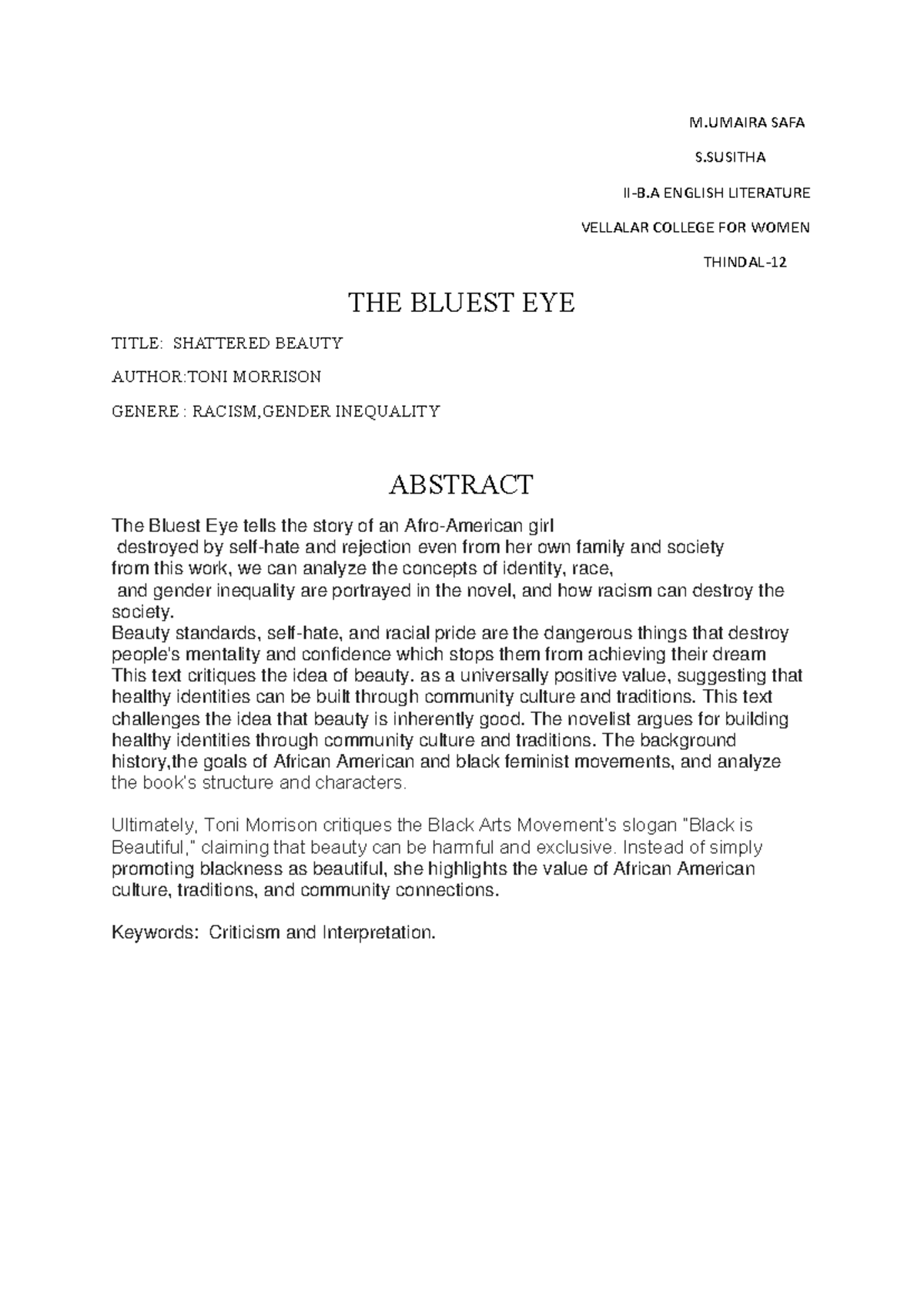 ENGL 101: The Bluest Eye - Analyzing Racism & Gender Inequality - Studocu