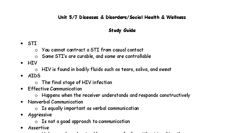 Unit 5:7 Study Guide on STIs, Communication, and Health Risks - Studocu