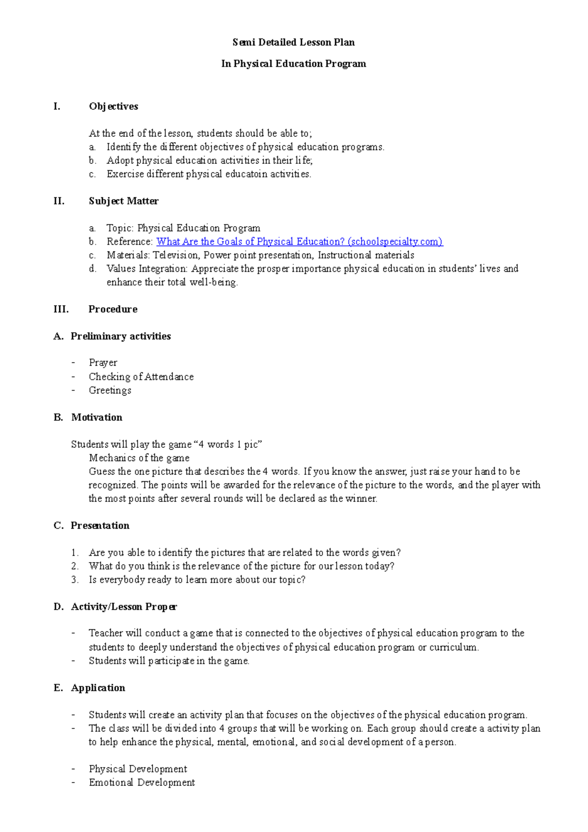 Semi Detailed Lesson Plan - Objectives At the end of the lesson ...