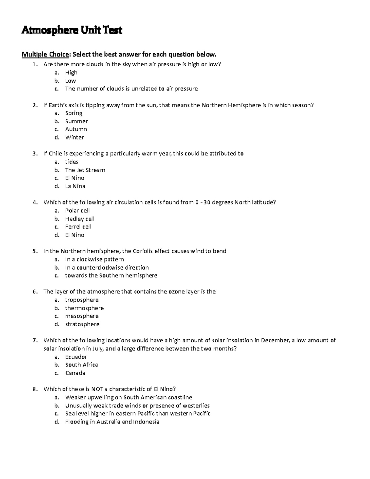 Atmosphere Unit Test - MC & Free Response Questions Analysis - Studocu