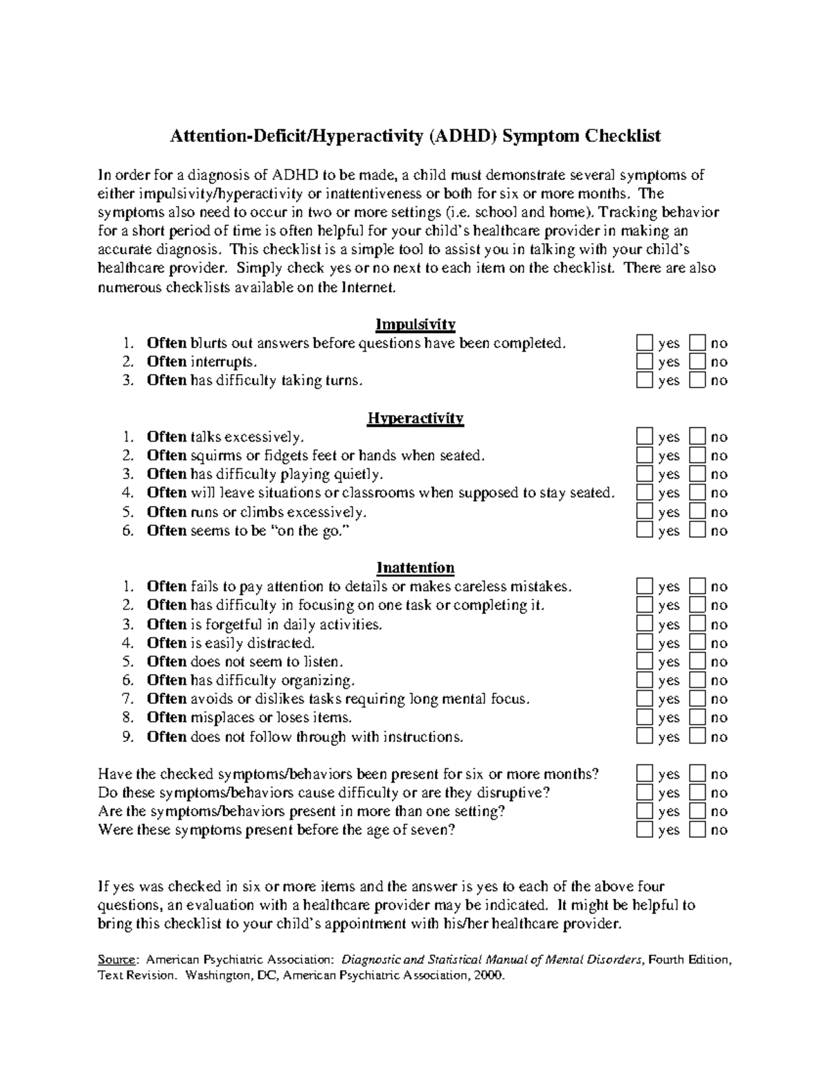 ADHD Symptom Checklist for Diagnosis and Evaluation (ADHD) - Studocu