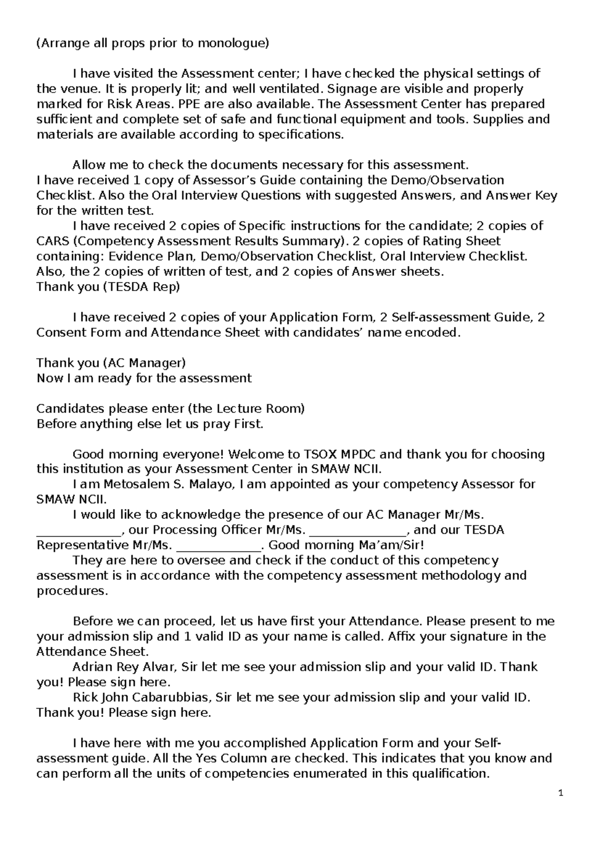 Steps IN Conduct OF Competency Assessment - (Arrange all props prior to ...
