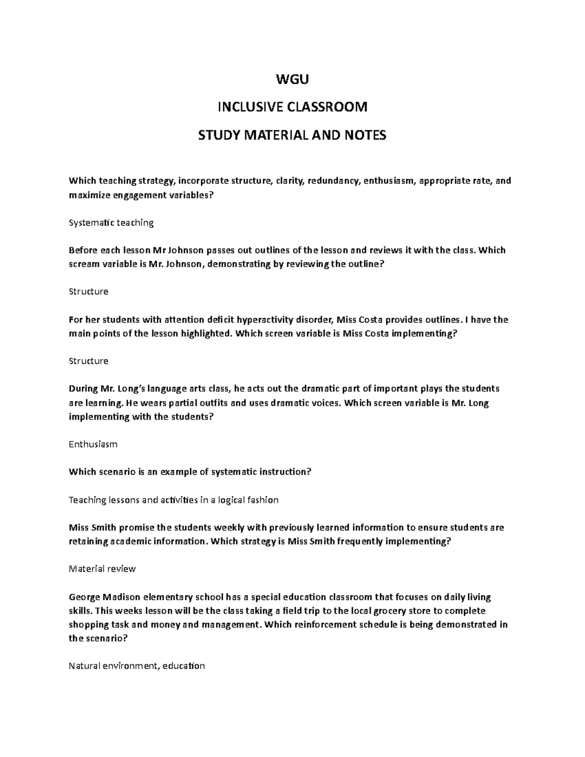 WGU - Inclusive Classroom Study Materials & Practice Questions - Studocu