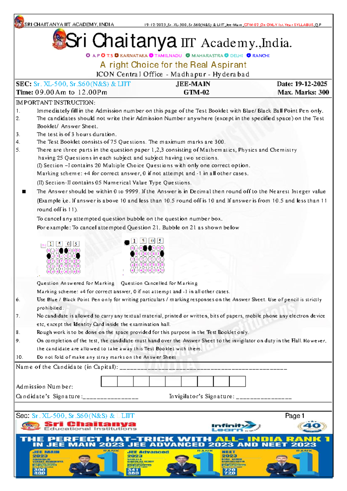 SRI CHAITANYA IIT ACADEMY 1st Year Syllabus Q.P for JEE-Main GTM-02 ...