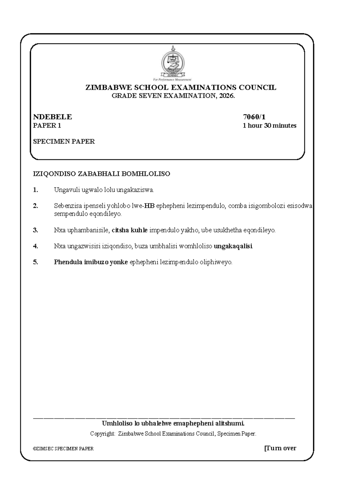 ZIMSEC GRADE 7 NDEBELE PAPER 1 SPECIMEN EXAMINATION 2026 - Studocu