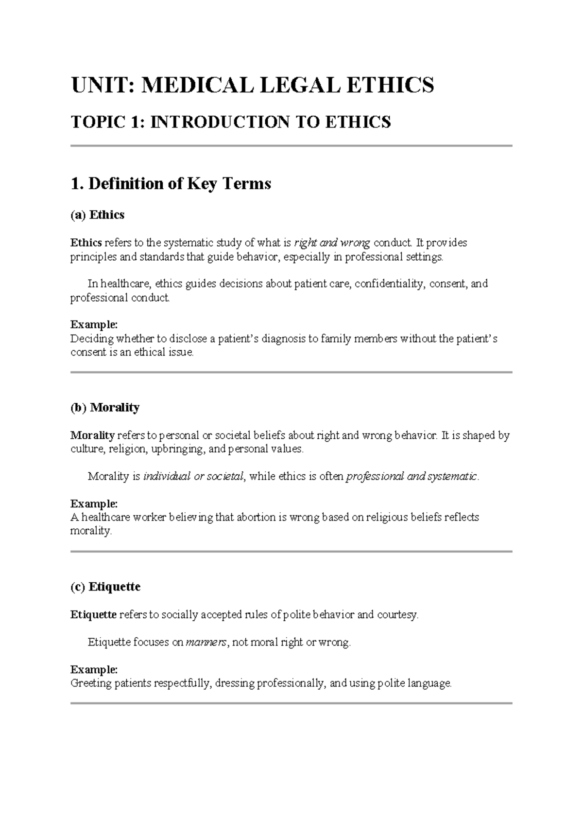 MEDICAL LEGAL ETHICS UNIT: INTRODUCTION TO ETHICS NOTES - Studocu