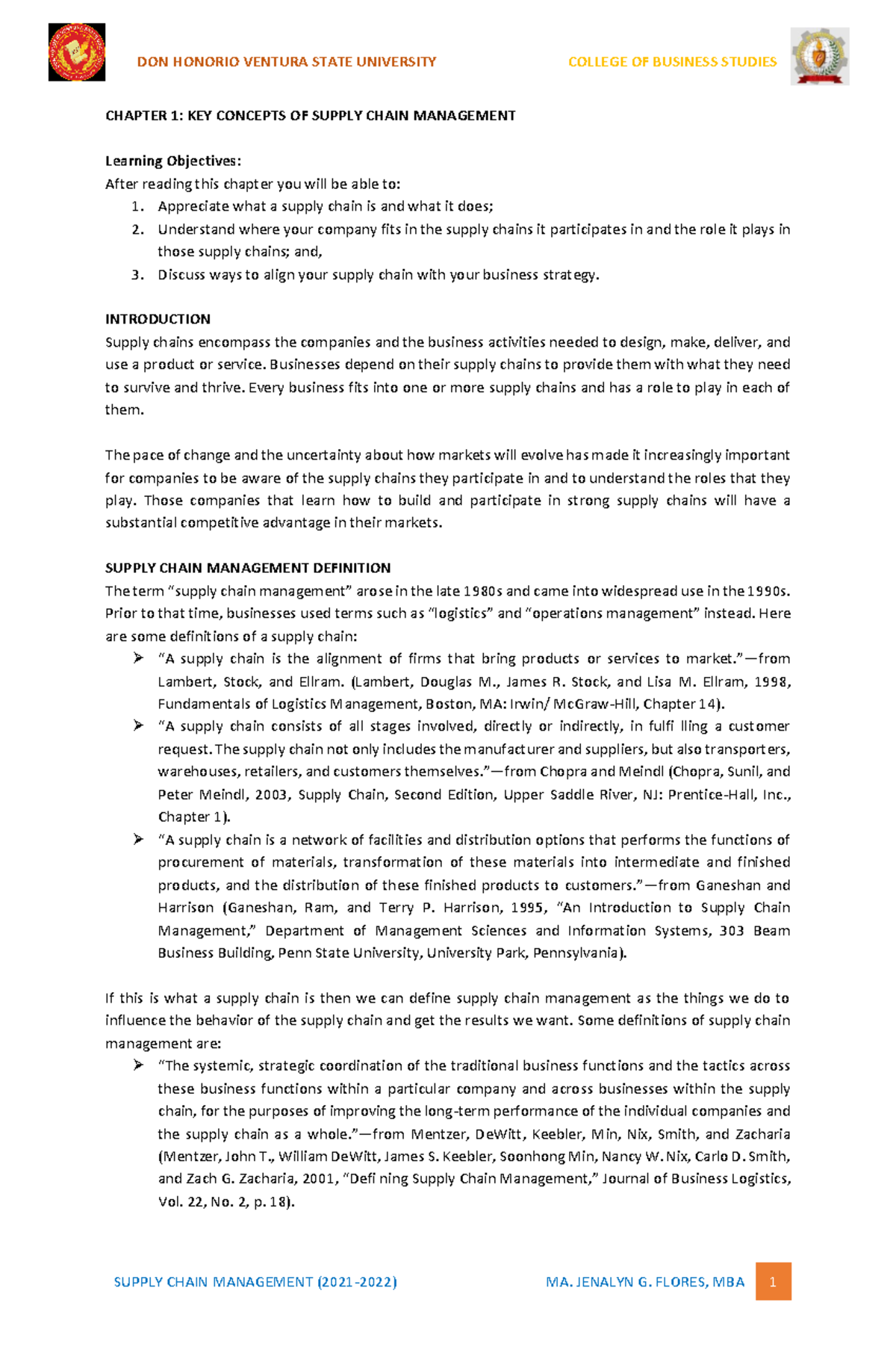 Chap 1 SCM - KEY CONCEPTS OF SUPPLY CHAIN MANAGEMENT - CHAPTER 1: KEY ...
