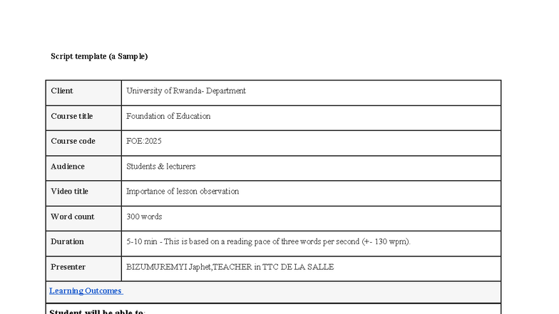 FOE:2025 Importance of Lesson Observation Script Template - Studocu